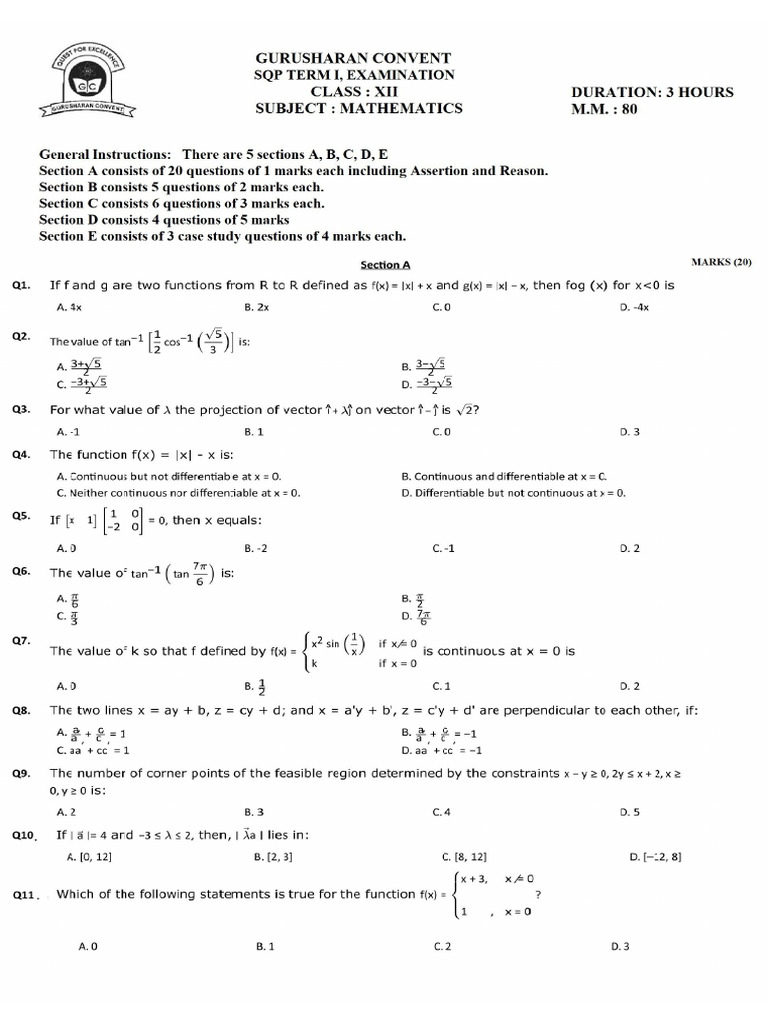SQP Mathematics Class XII Term 1 | PDF