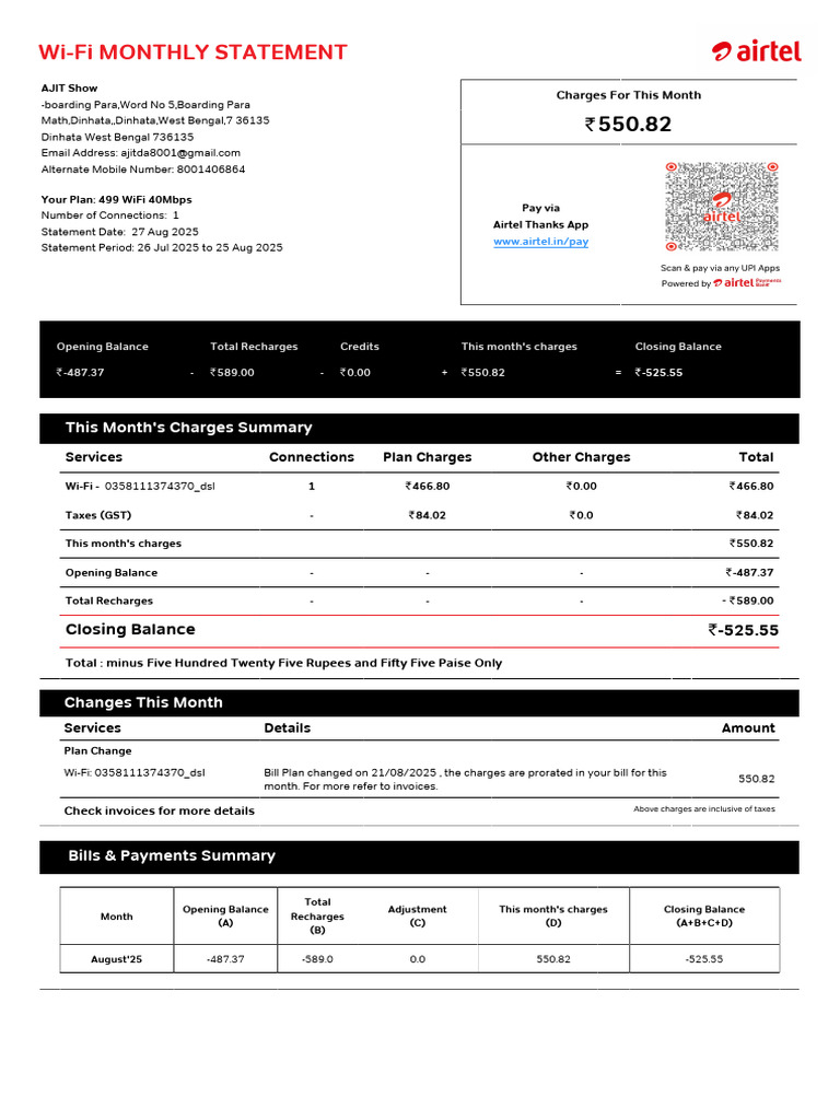 Wi-Fi Monthly Statement: This Month's Charges Summary | PDF | Credit ...