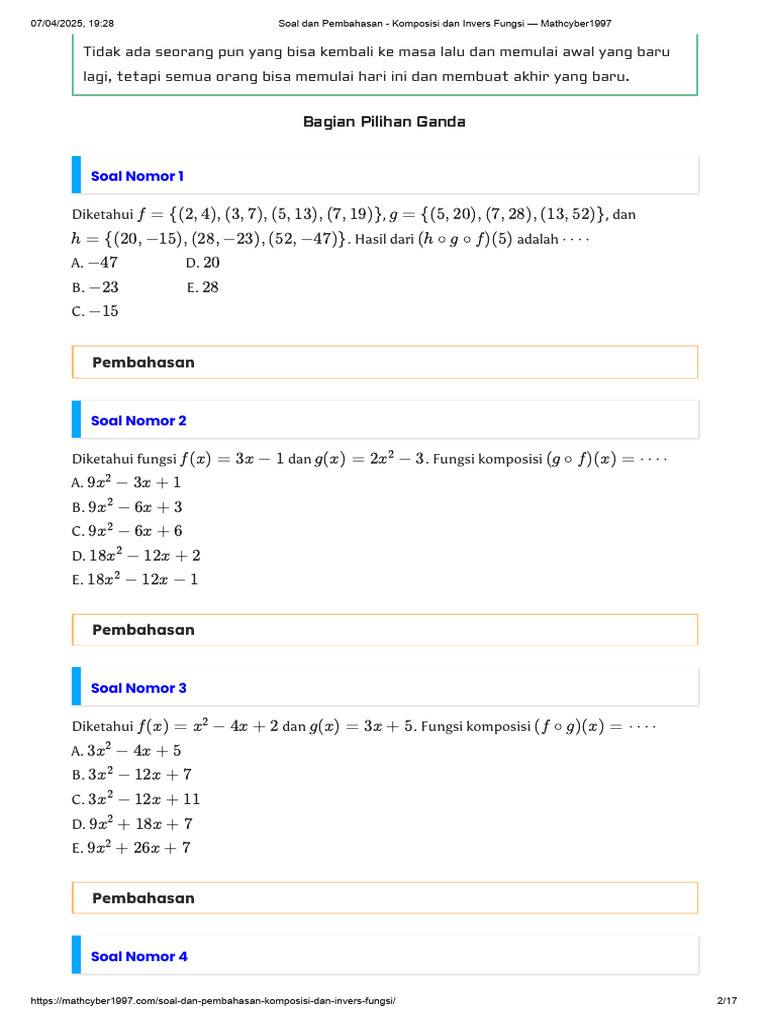 Soal Dan Pembahasan - Komposisi Dan Invers Fungsi - Mathcyber1997 | PDF
