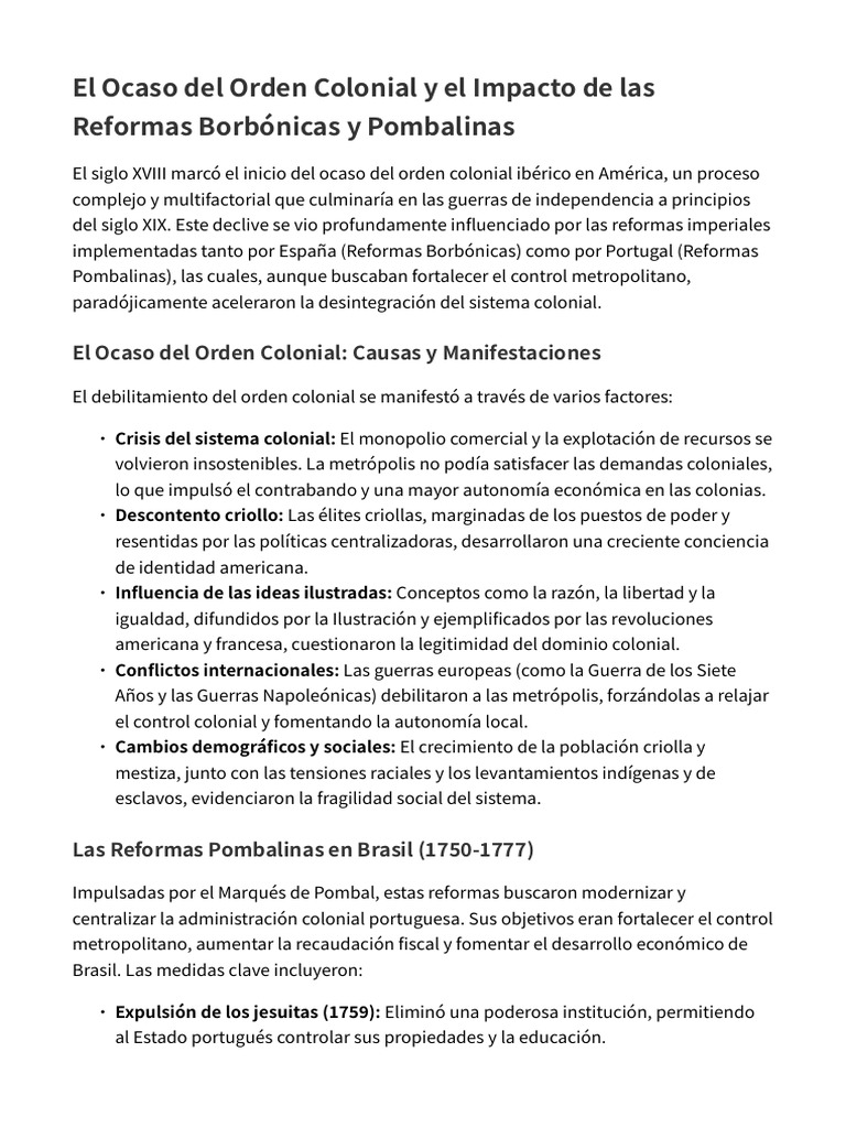 El Ocaso Del Orden Colonial y El Impacto de Las Reformas Borbónicas y ...