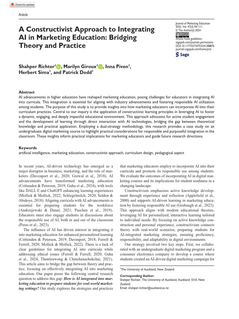 Richter Et Al 2024 A Constructivist Approach To Integrating Ai in Marketing Education Bridging ...