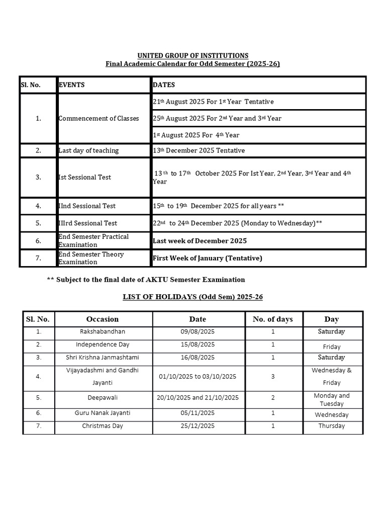 Academic Calendar Odd Sem 2025-26-Up | PDF
