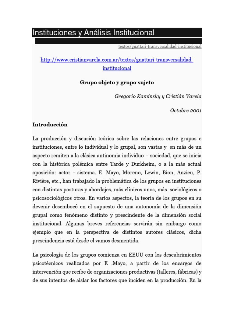 Grupo Objeto y Grupo Sujeto en Instituciones | PDF | Institución | Temor