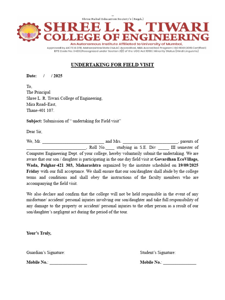 Field Visit Undertaking for Students | PDF