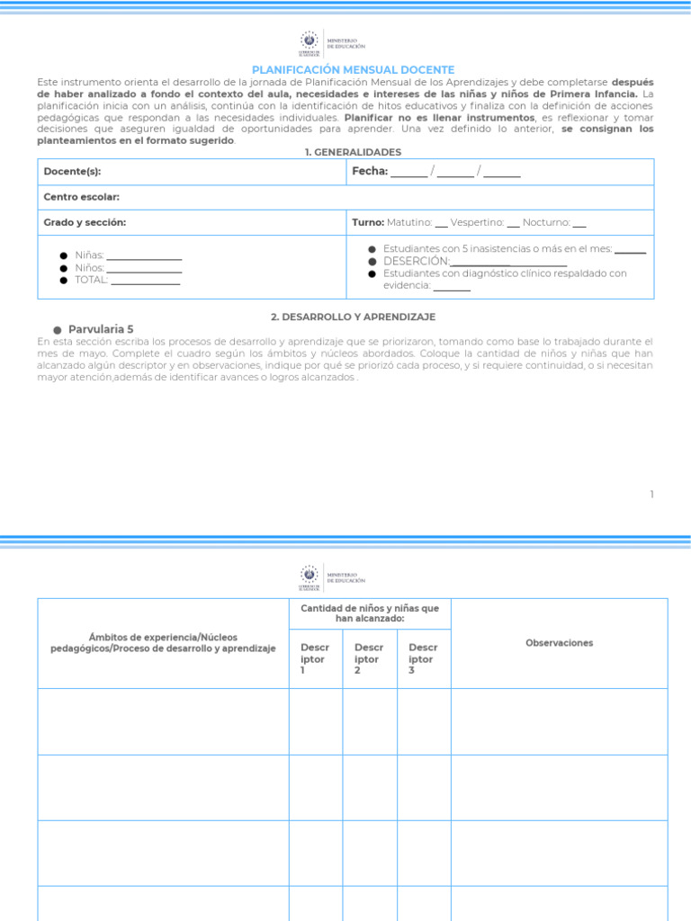Parvularia 5 - EJEMPLO - Planificación mensual de los aprendizajes ...