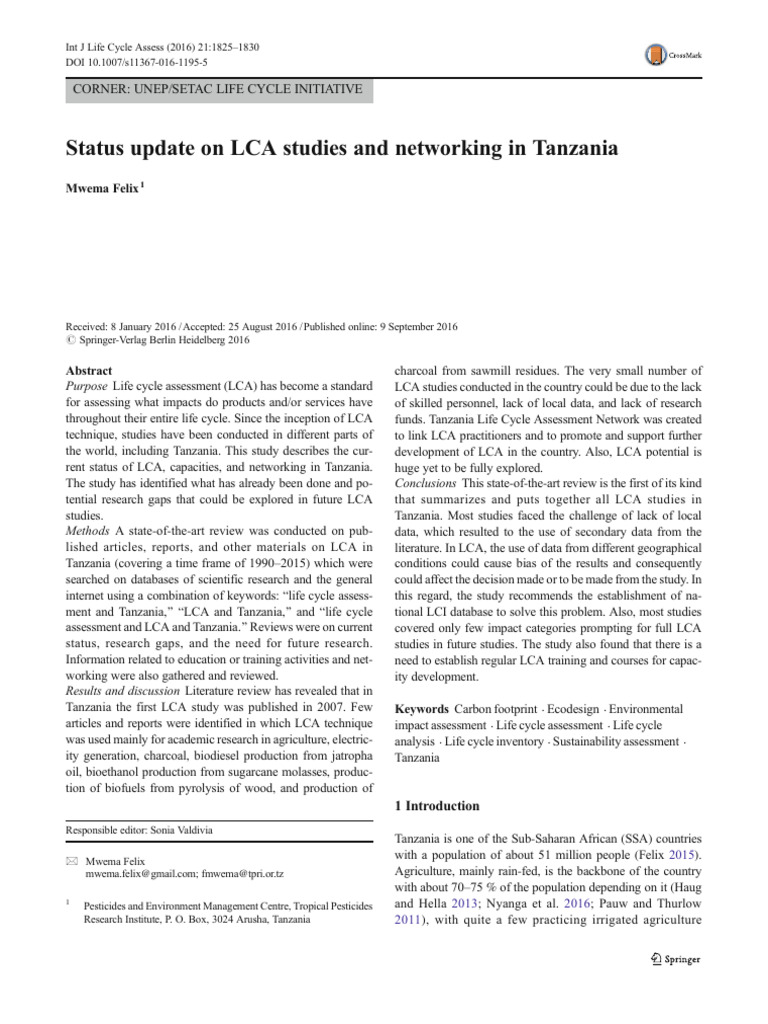 LCA Status and Research Gaps in Tanzania | PDF | Life Cycle Assessment ...