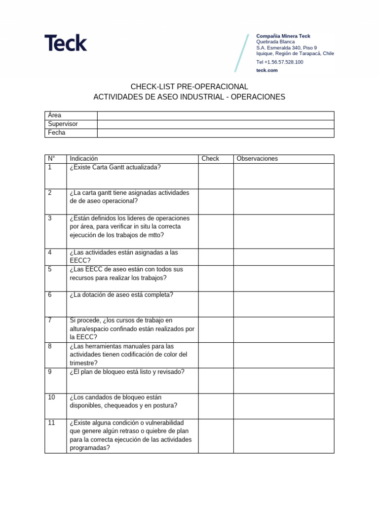Check-List Pre - Operacional Aseo | PDF