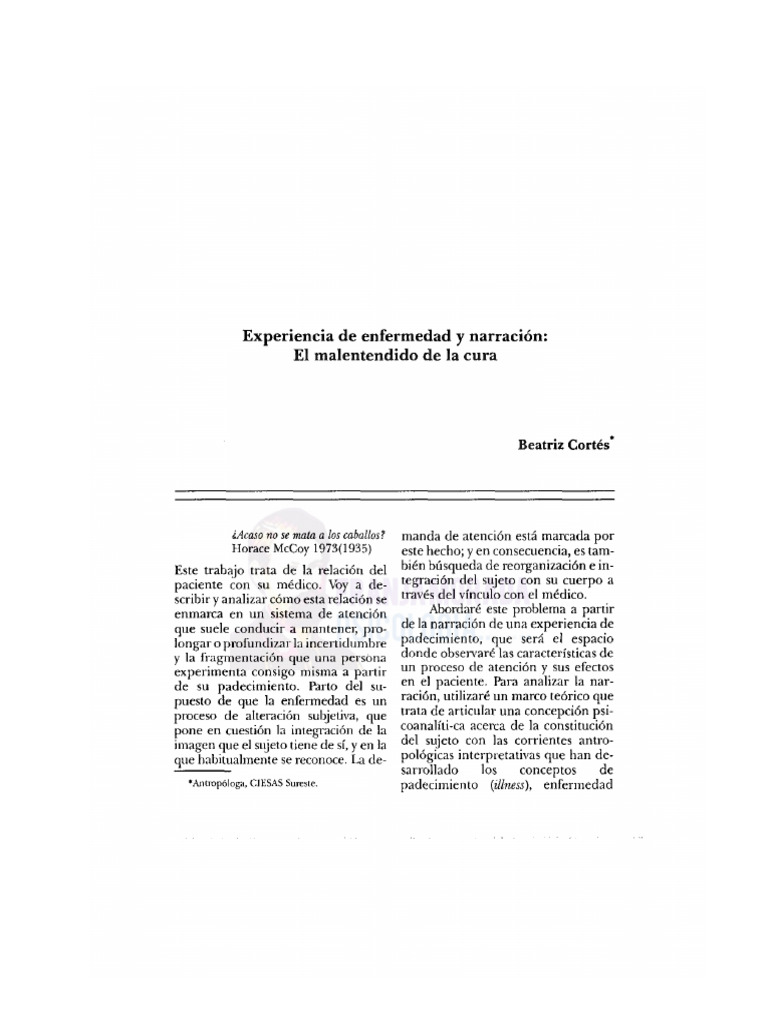CORTES, Beatriz (1997) Experiencia de Enfermedad y Narración. | PDF