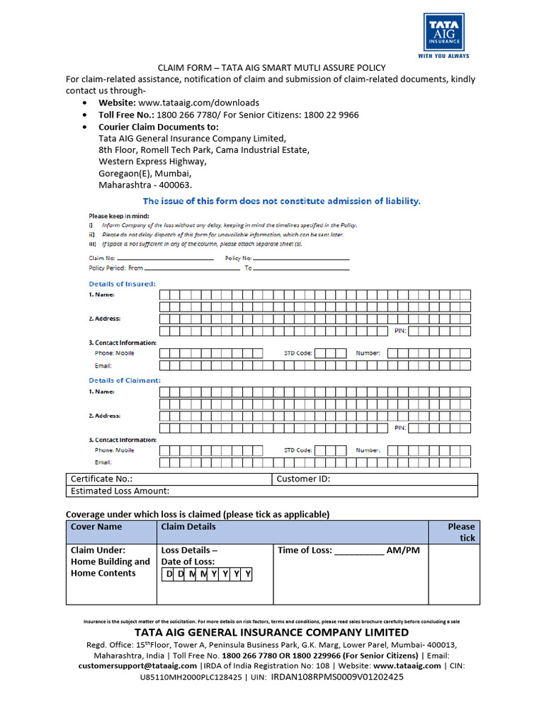 Tata Aig Smart Multi Assure Policy Claims Form B359bd225a | PDF ...