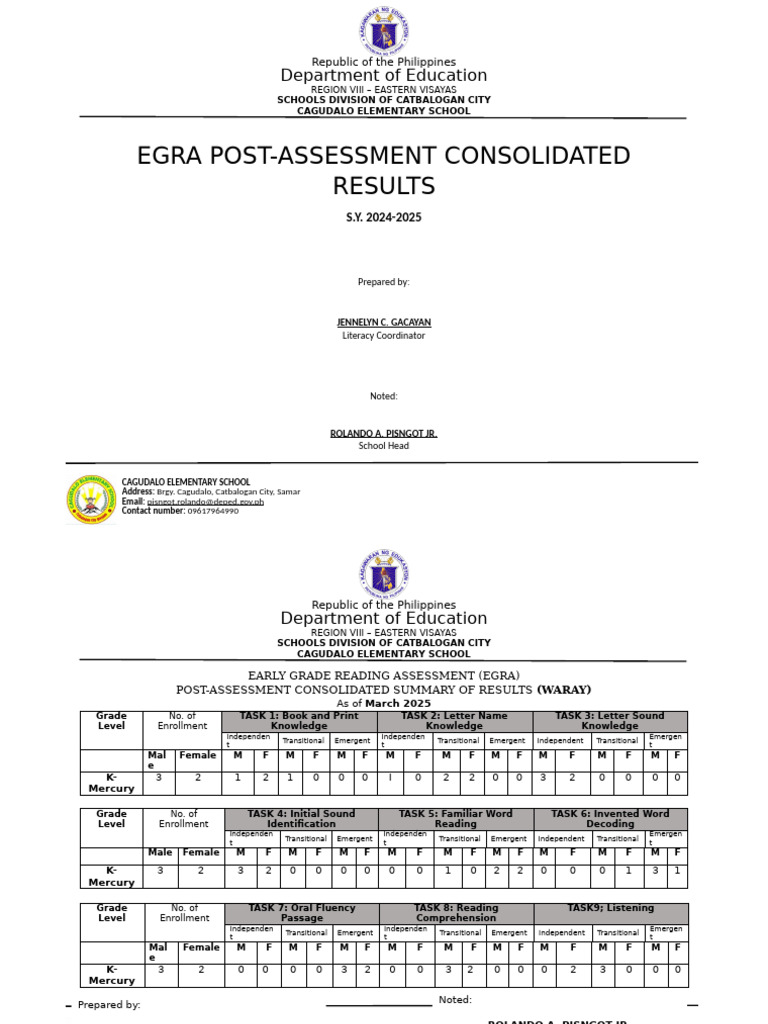 EGRA Results Summary for Cagudalo School | PDF | Psycholinguistics ...
