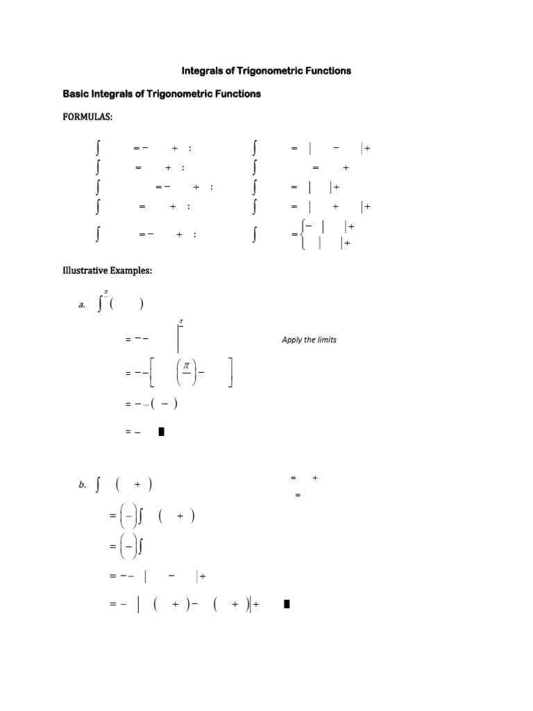 Trigonometric Integral Formulas | PDF | Trigonometric Functions | Angle