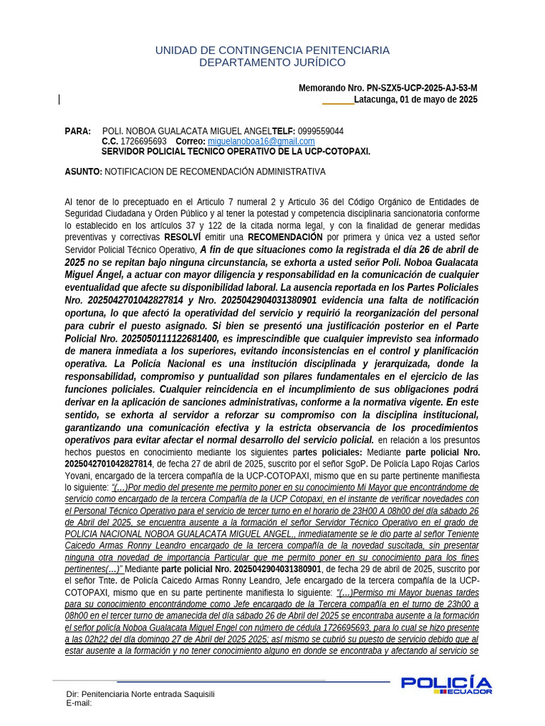 Poli. Noboa Gualacata Miguel Angel | PDF | Policía | Disciplinas