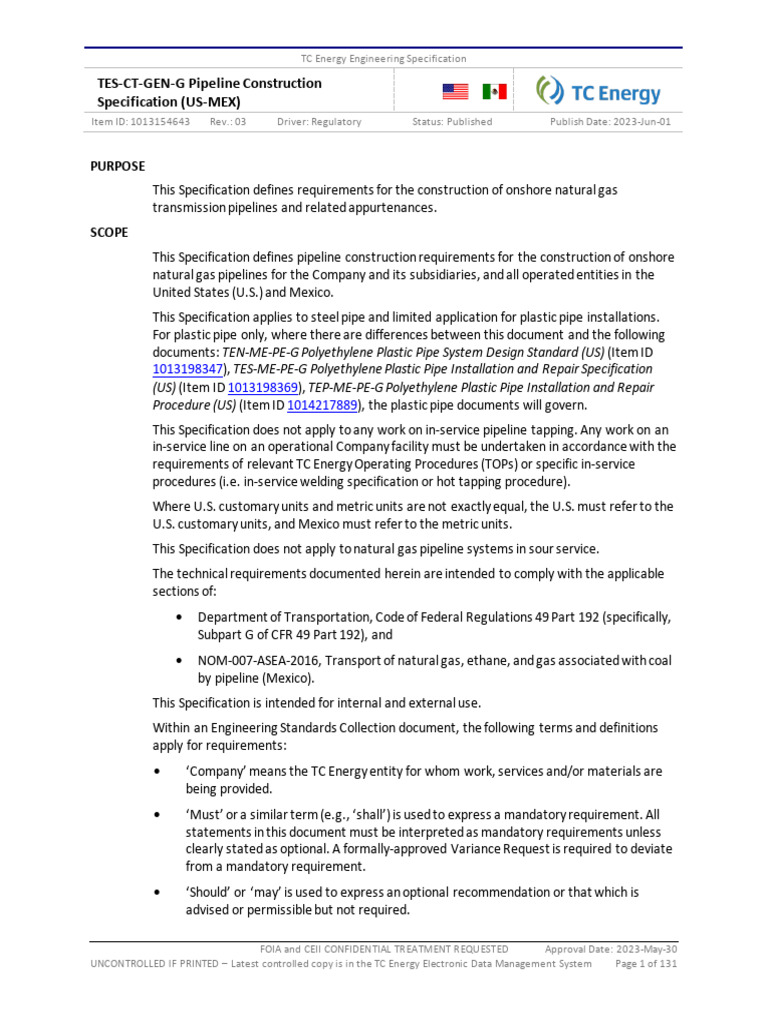 TC Energy Pipeline Construction Specs | PDF | Pipe (Fluid Conveyance ...