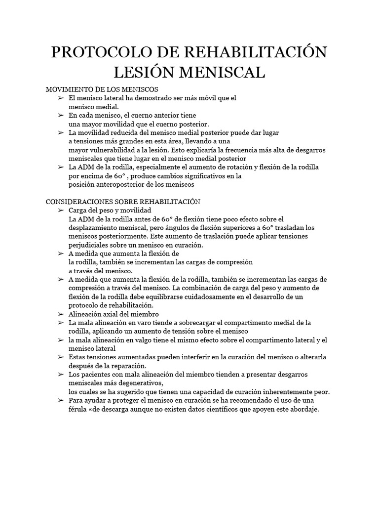 Protocolo de Rehabilitación Lesión Meniscal | PDF | Rodilla | Articulaciones