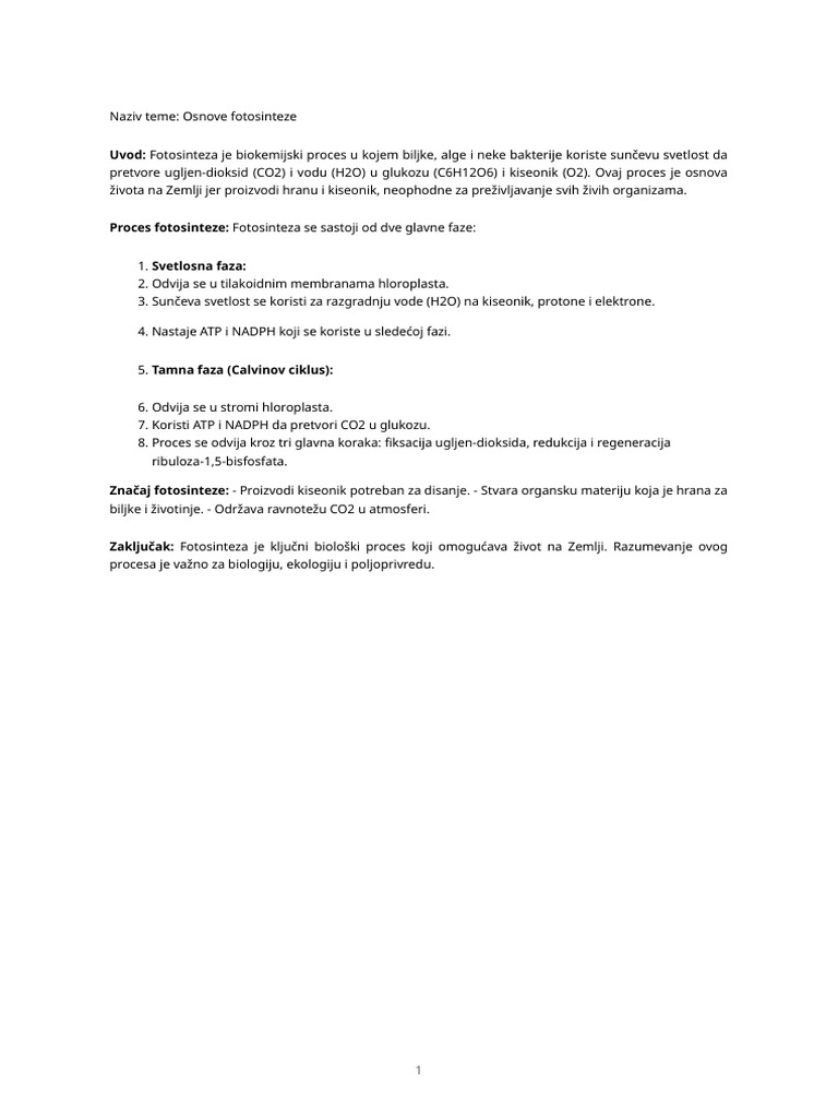 Osnove Fotosinteze | PDF