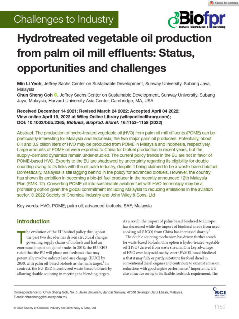 HVO Production from Palm Oil Effluents | PDF | Biodiesel | Biofuel