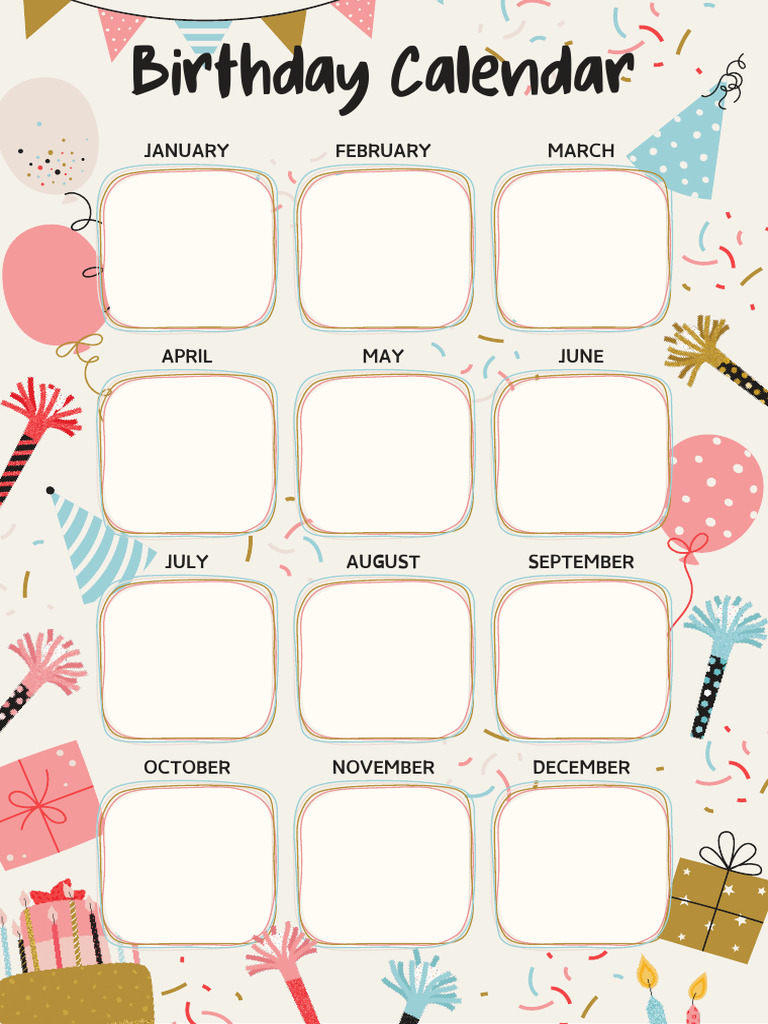 Pink and Blue Cute Illustrated Birthday Calendar Poster | PDF