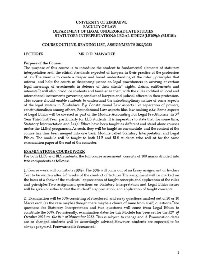 Course Outline - Statutory Interpretation (LB109) & BLS 104 - Final ...
