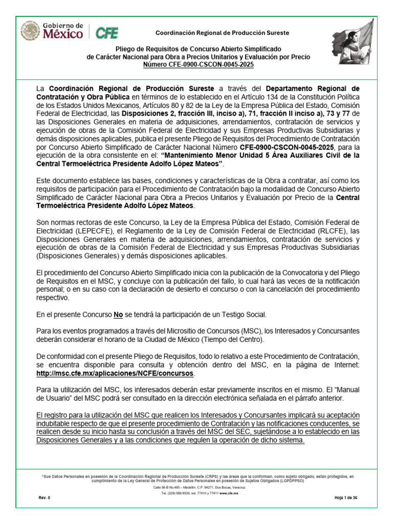Pliego de Requisitos CFE 2025: Concurso Abierto | PDF | Contabilidad ...