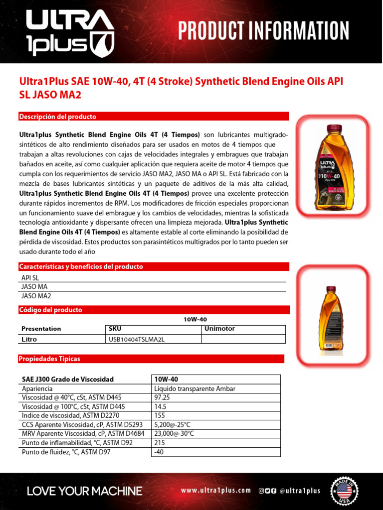Pds Ultra1plus Sae 10w40 Synthetic Blend 4t Engine Oil API Sl Jaso Ma2 Espanol | PDF