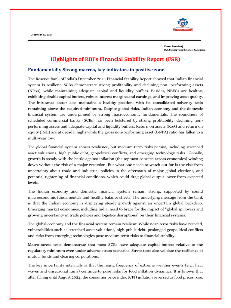 RBI Financial Stability Report Highlights | PDF | Banks | Reserve Bank ...