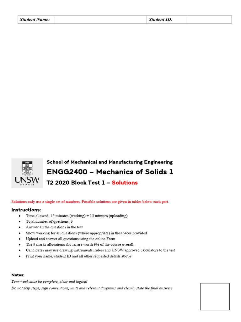 ENGG2400 Mechanics of Solids Test Solutions | PDF | Deformation ...