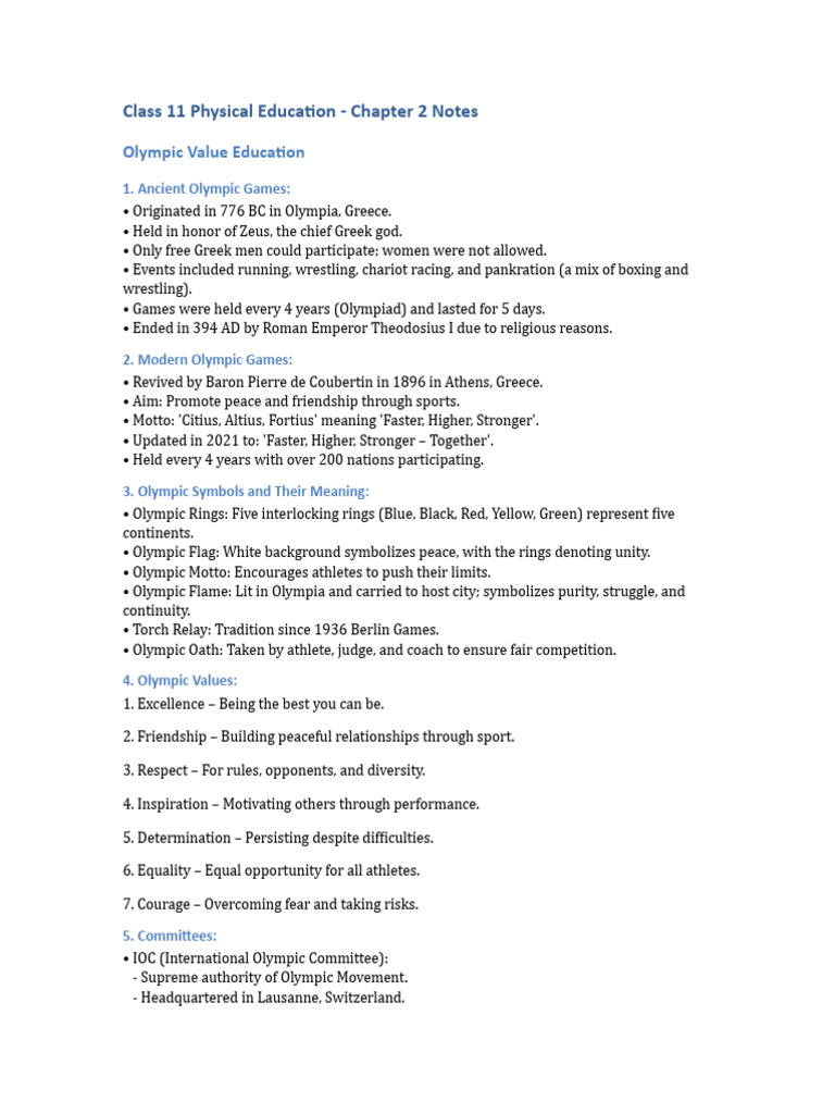 Class 11 Olympic Value Education Notes | PDF | Olympic Games | Sports