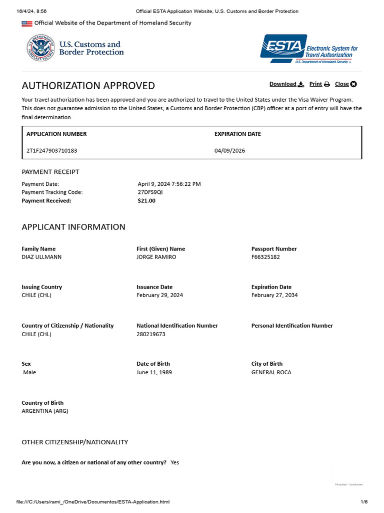 Approved ESTA Travel Authorization | PDF