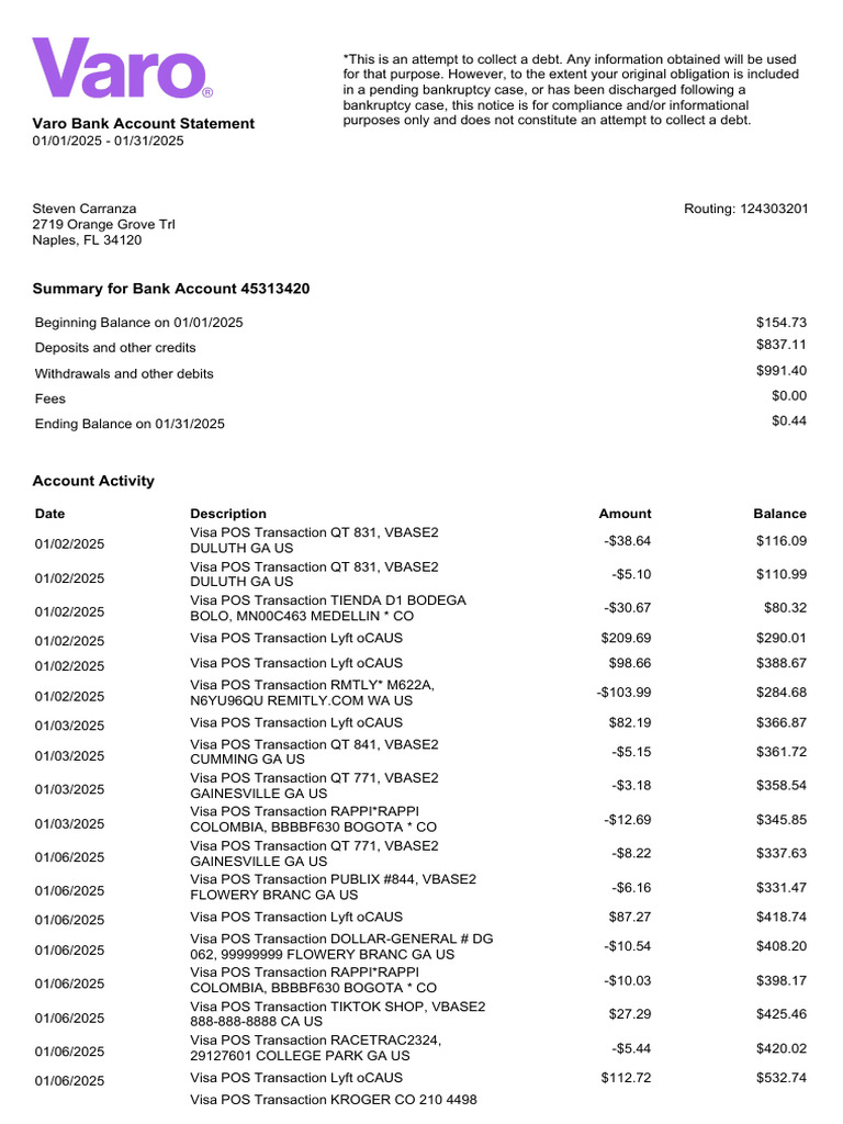 Varo Bank Statement: January 2025 | PDF | Personal Finance | Financial ...