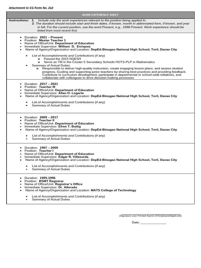 Work Experience Sheet for Educators | PDF | Learning | Teaching