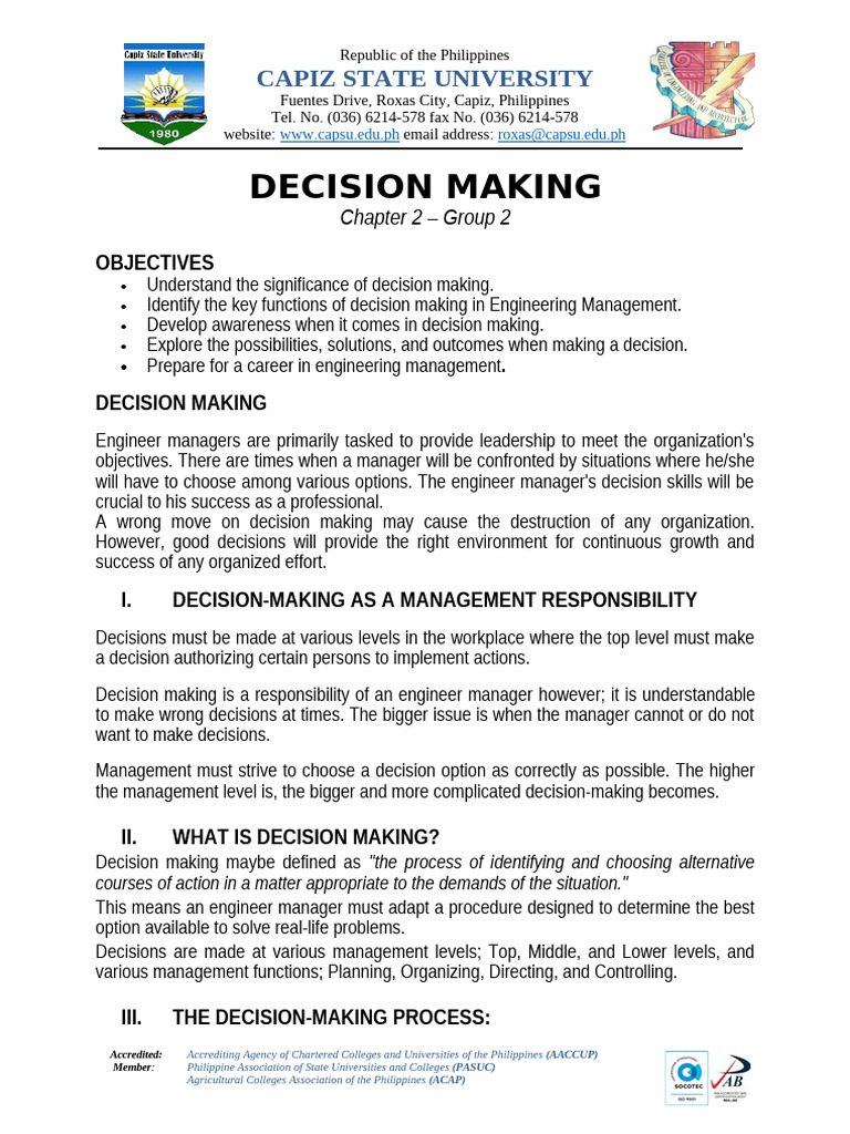 Group 2 MNGT 211 HANDOUT | PDF | Decision Making | Science