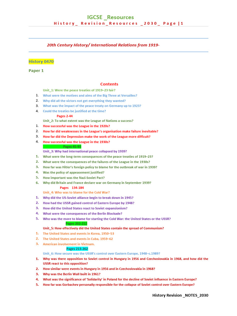 History IGCSE Revision Notes 2030 Paper1 PDF | PDF | Treaty Of ...
