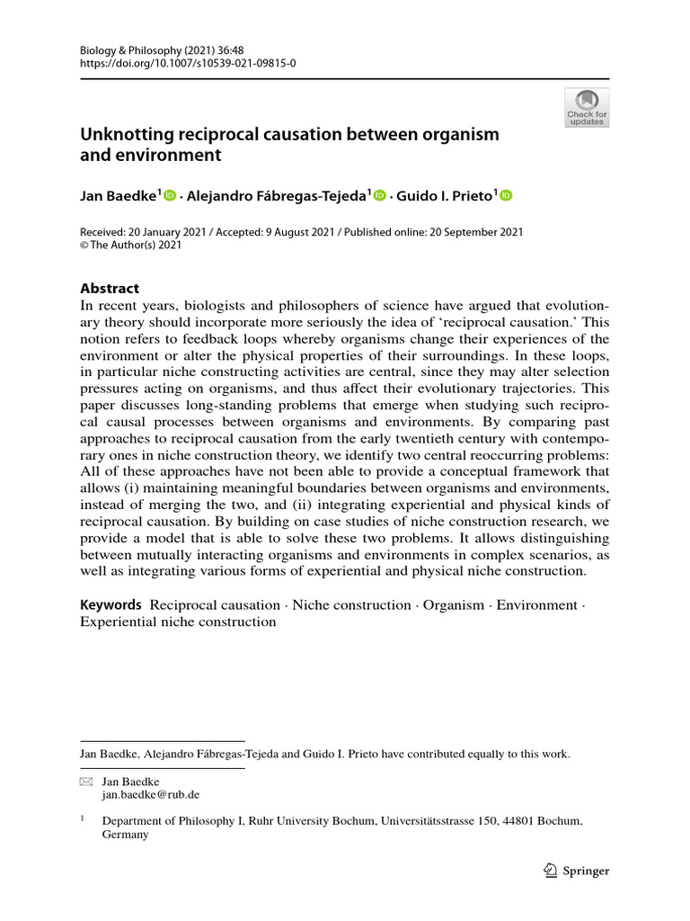 Baedke Et Al - 2021 - Reciprocal Causation | PDF | Causality | Evolution