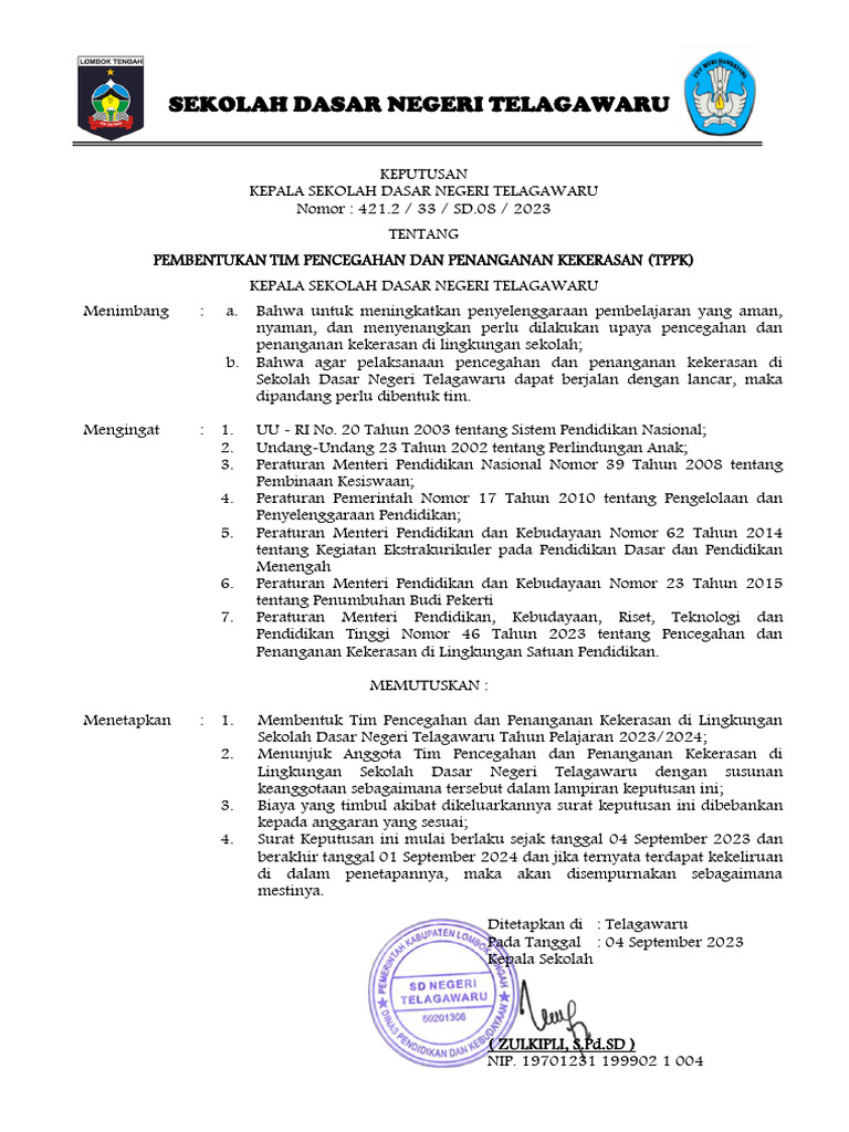 SK Tim Pencegahan Dan Penanganan Kekerasan Di Lingkungan Satuan Pendidikan | PDF