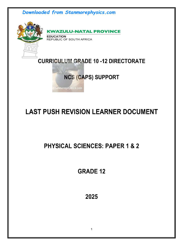 KZN Physical Sciences Grade 12 LAST PUSH Learner P1 and P2 2025 | PDF | Chemical Equilibrium | Force