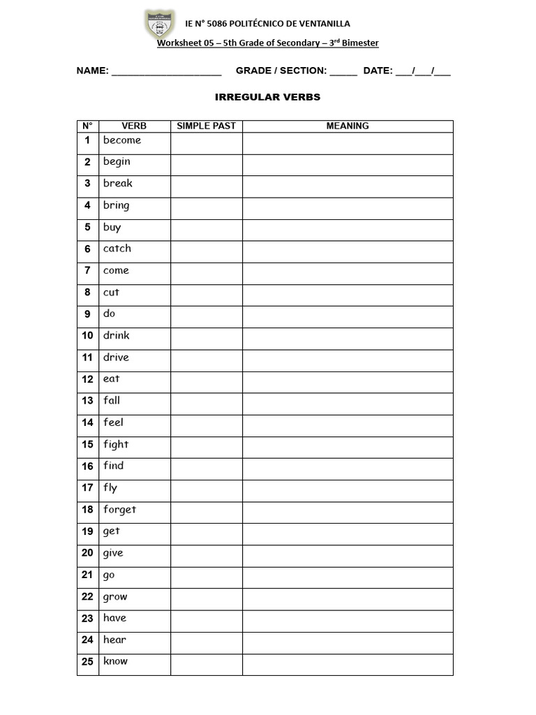 Irregular Verbs Worksheet for 5th Grade | PDF