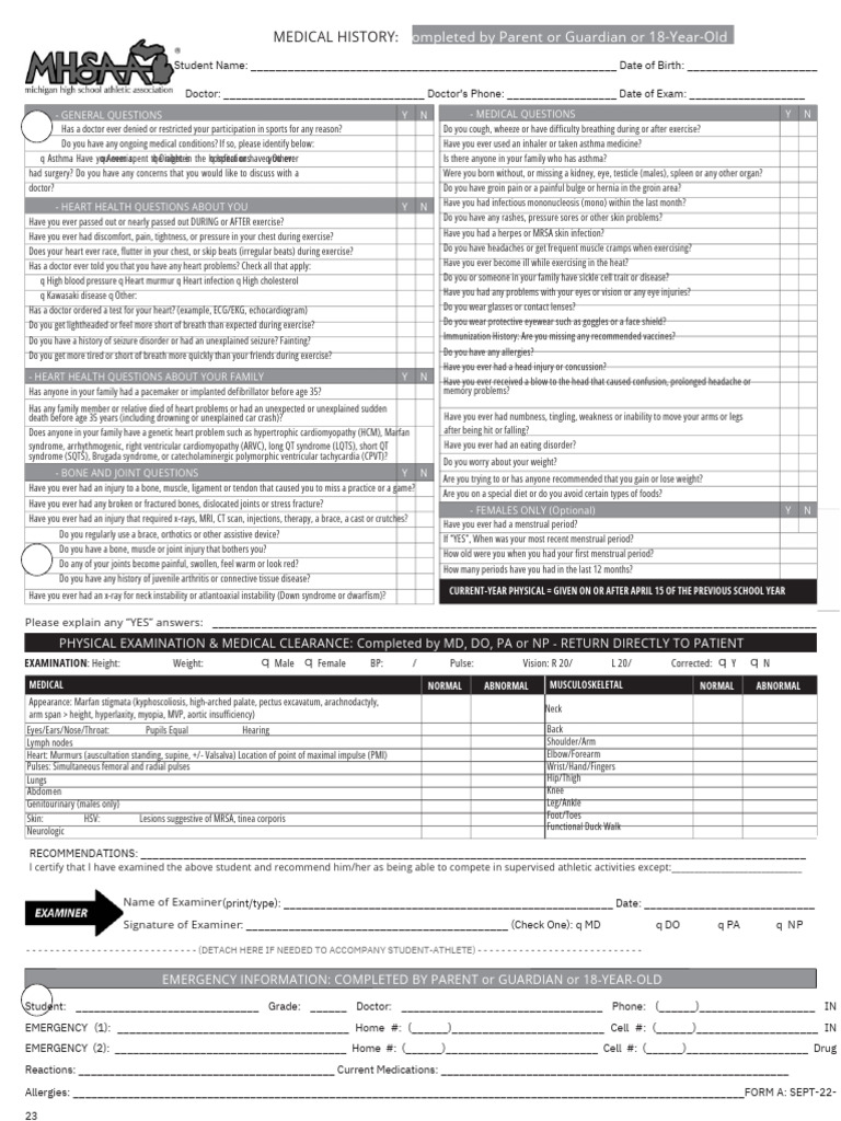 MHSAA Physical Form - Necessary For HS Sports Participation | PDF ...