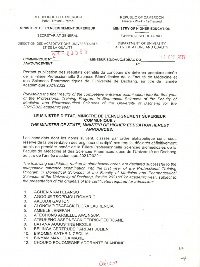Resultat FMSP Dschang 1ereannee 2021 2022 | PDF