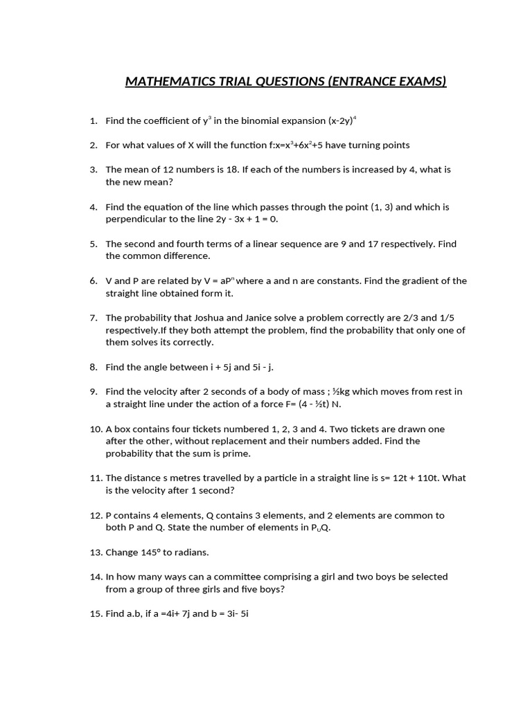 Mathematics Trial Questions (Entrance Exams) Mathematics Trial Questions (Entrance Exams) | PDF ...