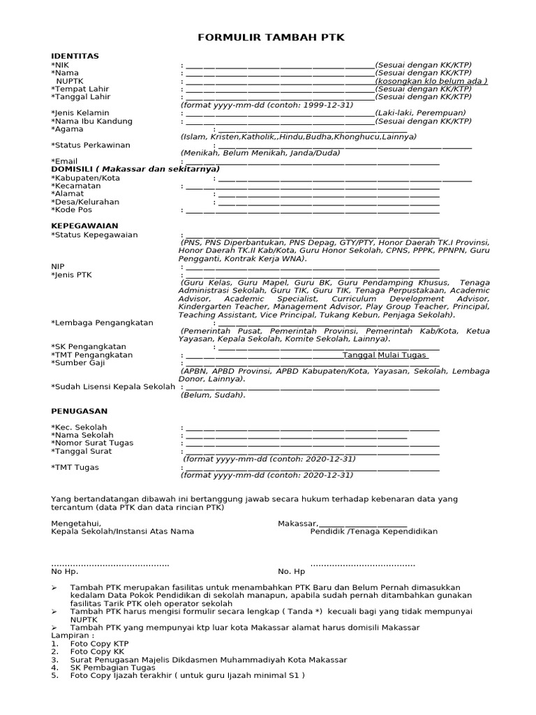 Formulir Tambah PTK Makassar | PDF