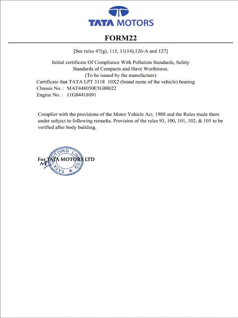 Tata Form 22 | PDF