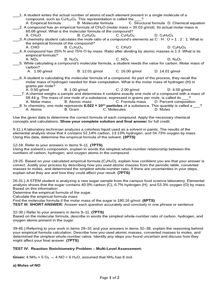 Gen Chem TQ Only Midterm | PDF | Mole (Unit) | Molecules