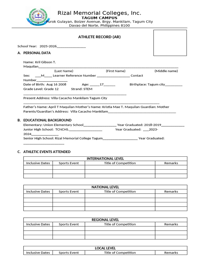 Athlete Record for Kril Maquilan 2025-2026 | PDF