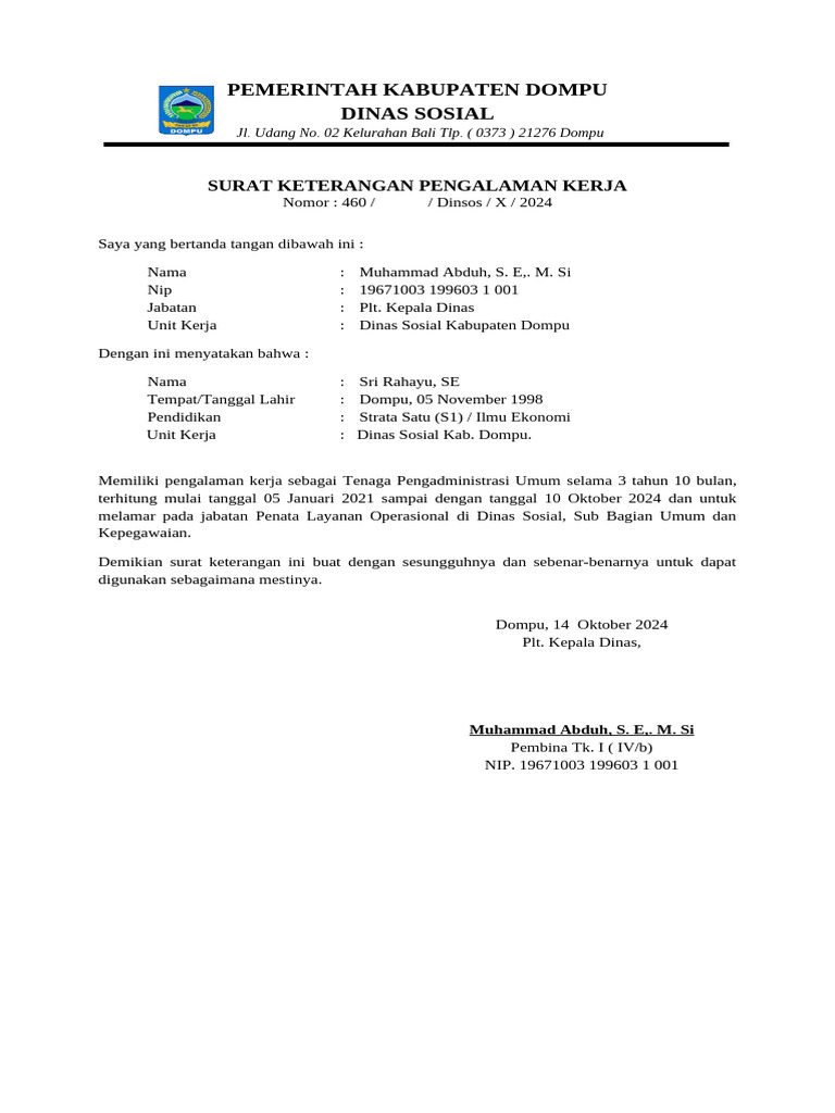 Surat Keterangan Pengalaman Kerja PPPK 2024 | PDF