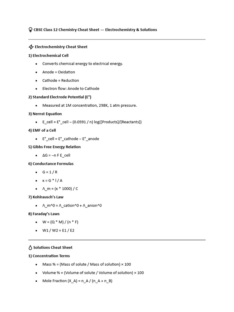 Solutions+Electrochemistry Cheatsheet + Formula Sheet | PDF