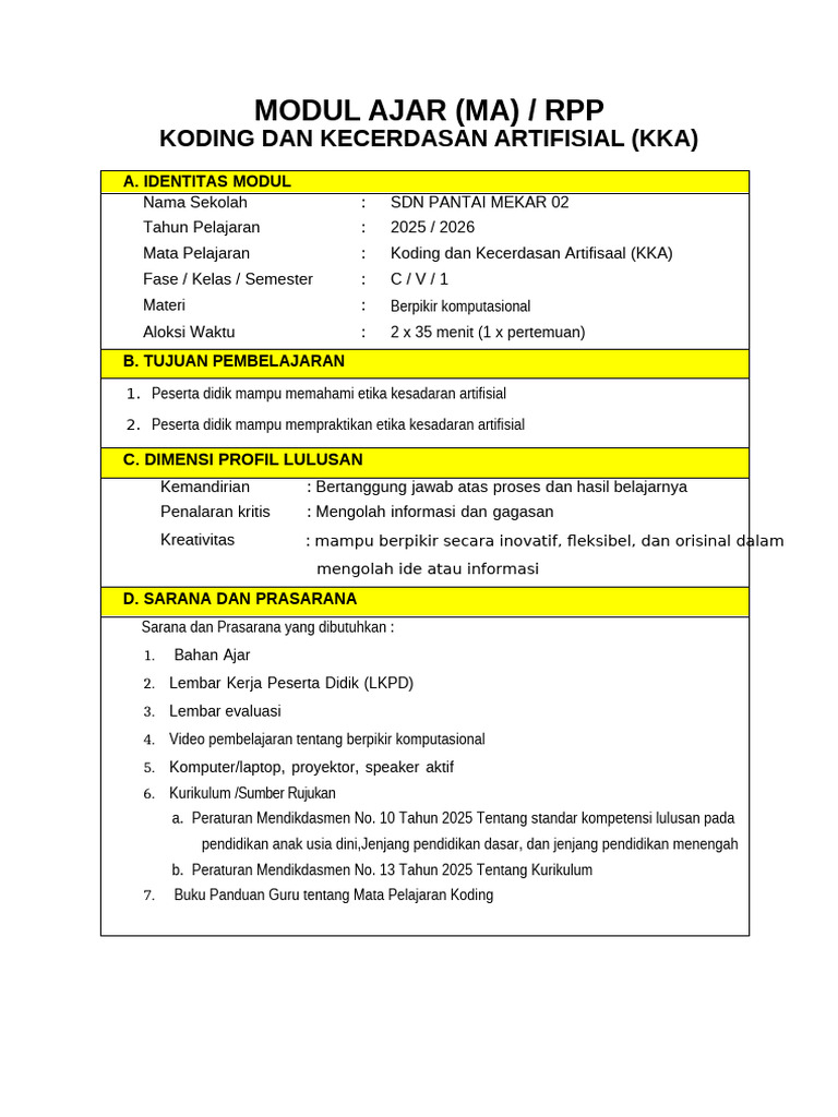 Acep Suka'i - Rppmodul Ajar Koding KLS 5 | PDF