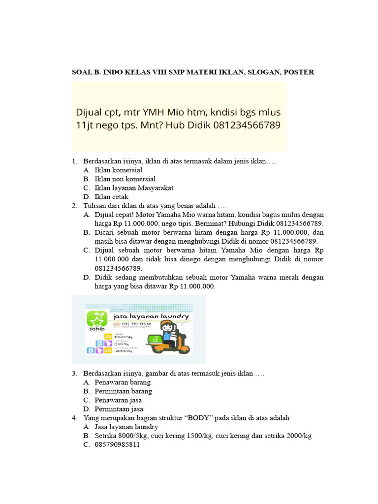 Soal B. Indo Kls VIII Iklan SLogan Poster | PDF