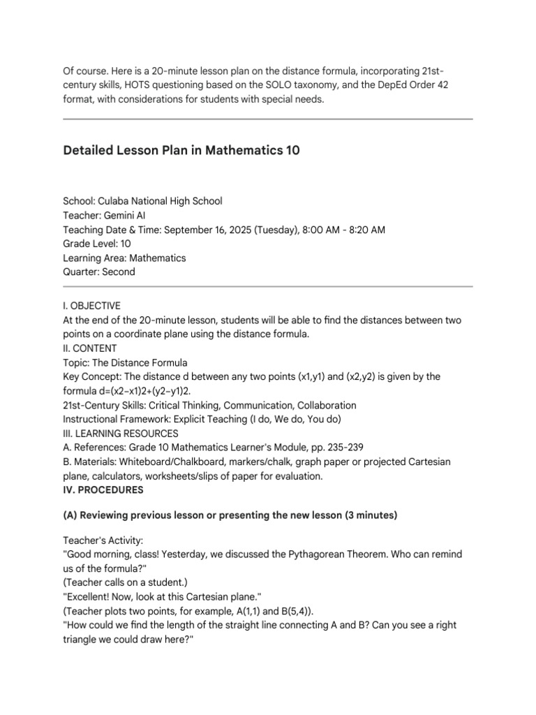 Distance Formula Lesson Plan for Grade 10 | PDF | Mathematics