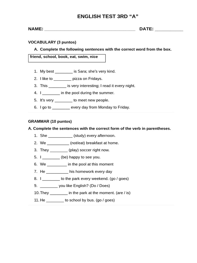 3rd Grade English Test: Vocabulary & Grammar | PDF | Chess Openings | Chess