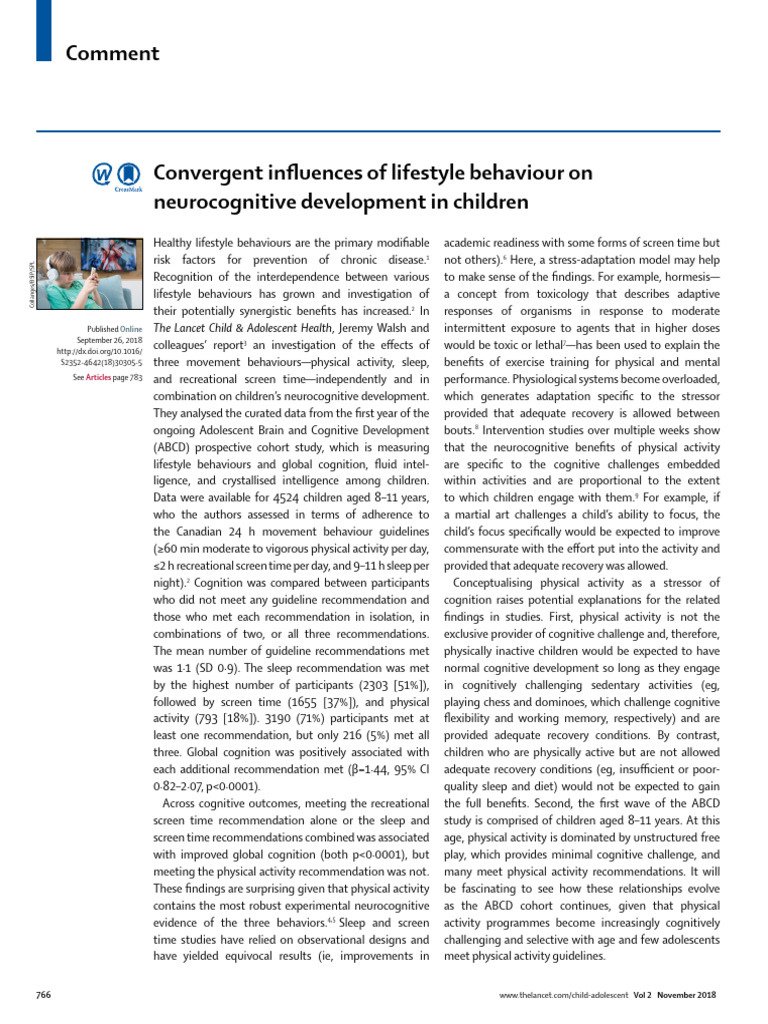 72. Convergent Influences of Lifestyle Behaviour on Neurocognitive Development in Children | PDF ...